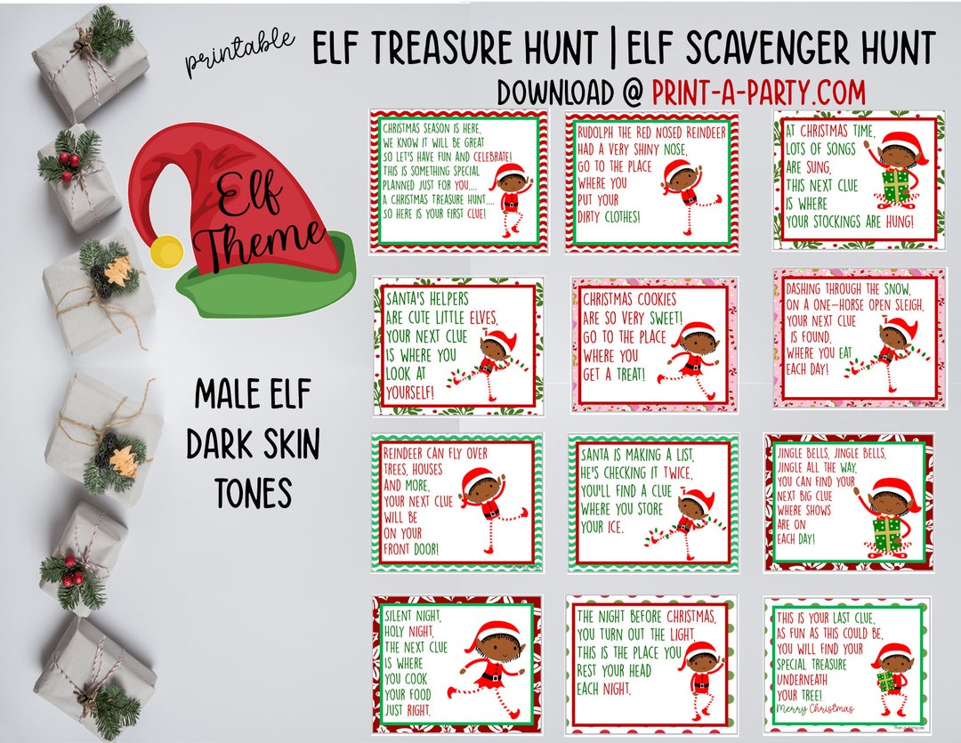 Printable Elf Scavenger Hunt Game – Treasure Hunt Clues (male Elf With ...