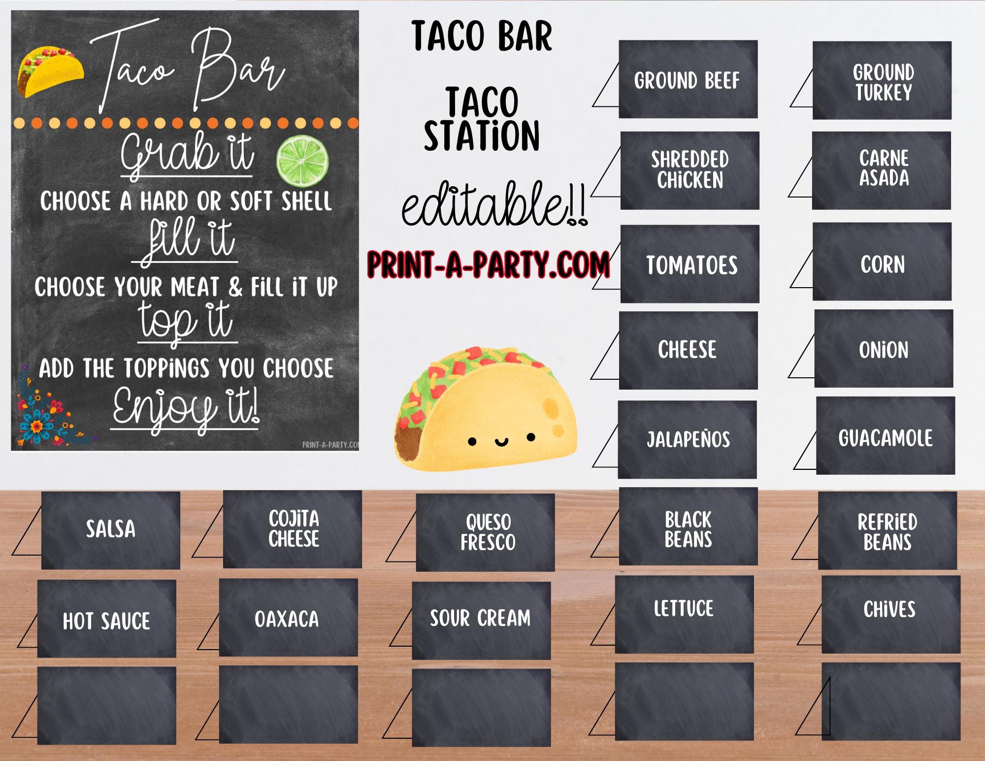 Editable TACO BAR - Chalkboard Sign and Toppings Label Templates for ...