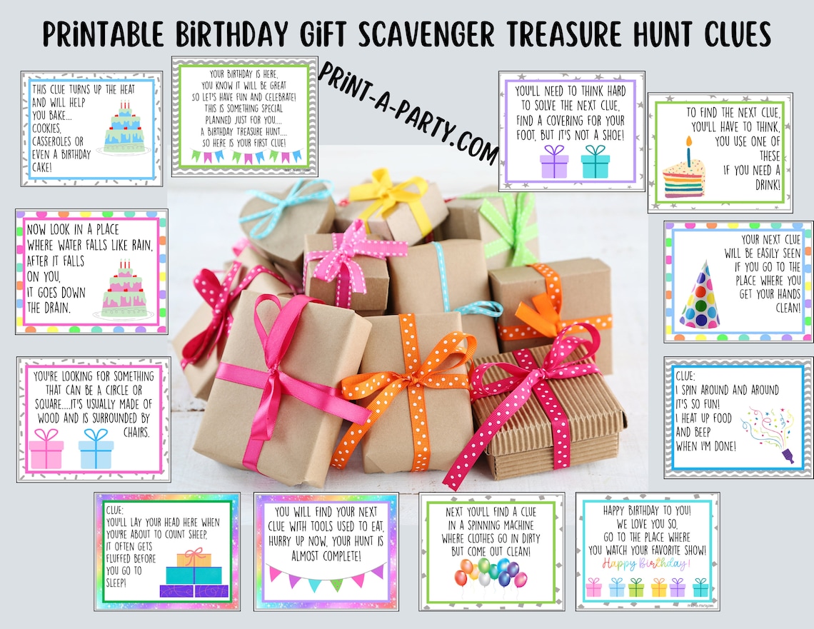 BIRTHDAY TREASURE HUNT Clues | Birthday Gift Scavenger Hunt | Birthday ...