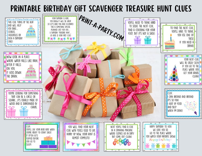 BIRTHDAY TREASURE HUNT Clues | Birthday Gift Scavenger Hunt | Birthday ...
