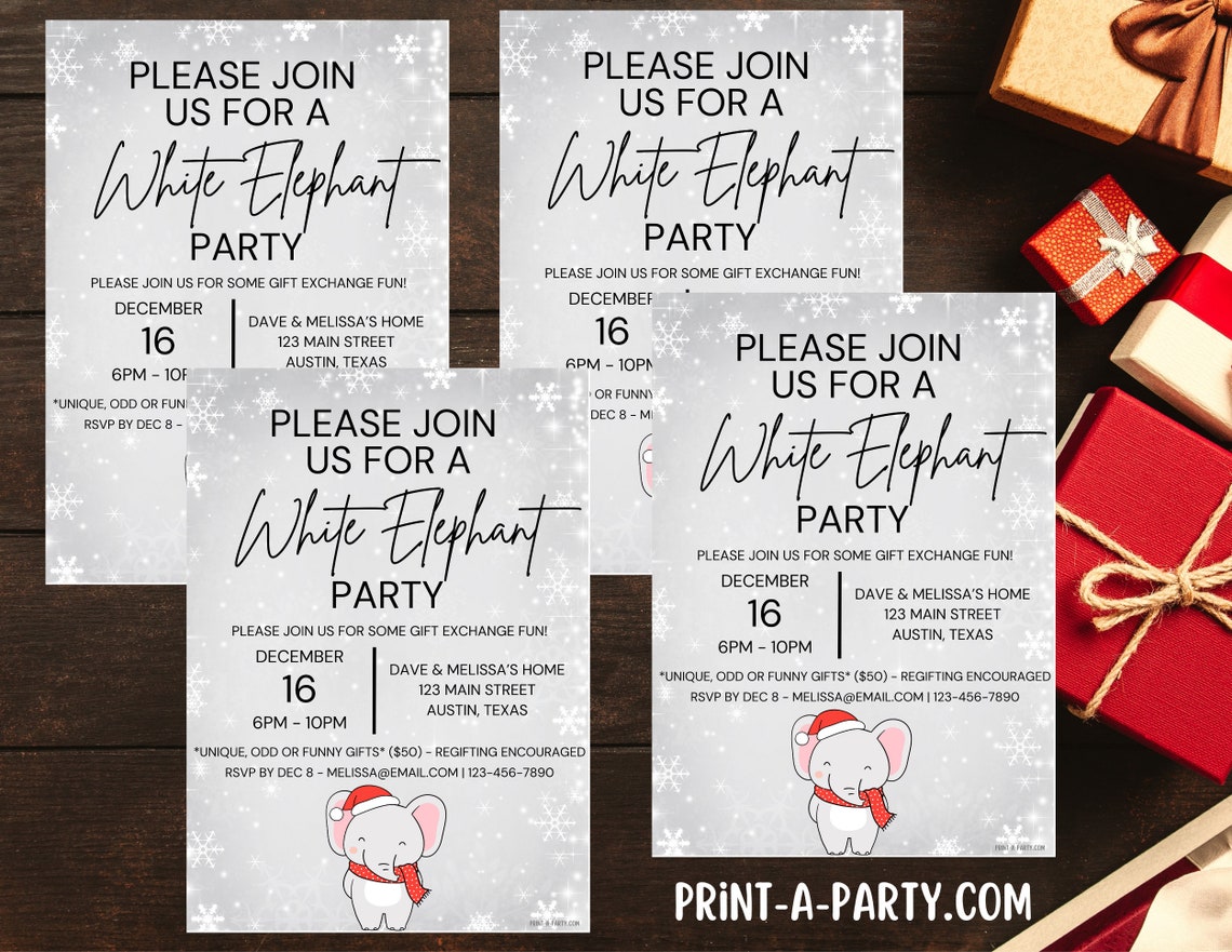 Editable Christmas Party Invitation: WHITE ELEPHANT PARTY Invitation ...