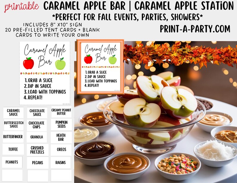 Caramel Apple Bar Sign & Toppings Tent Cards, Fall Party Buffet, Decor ...