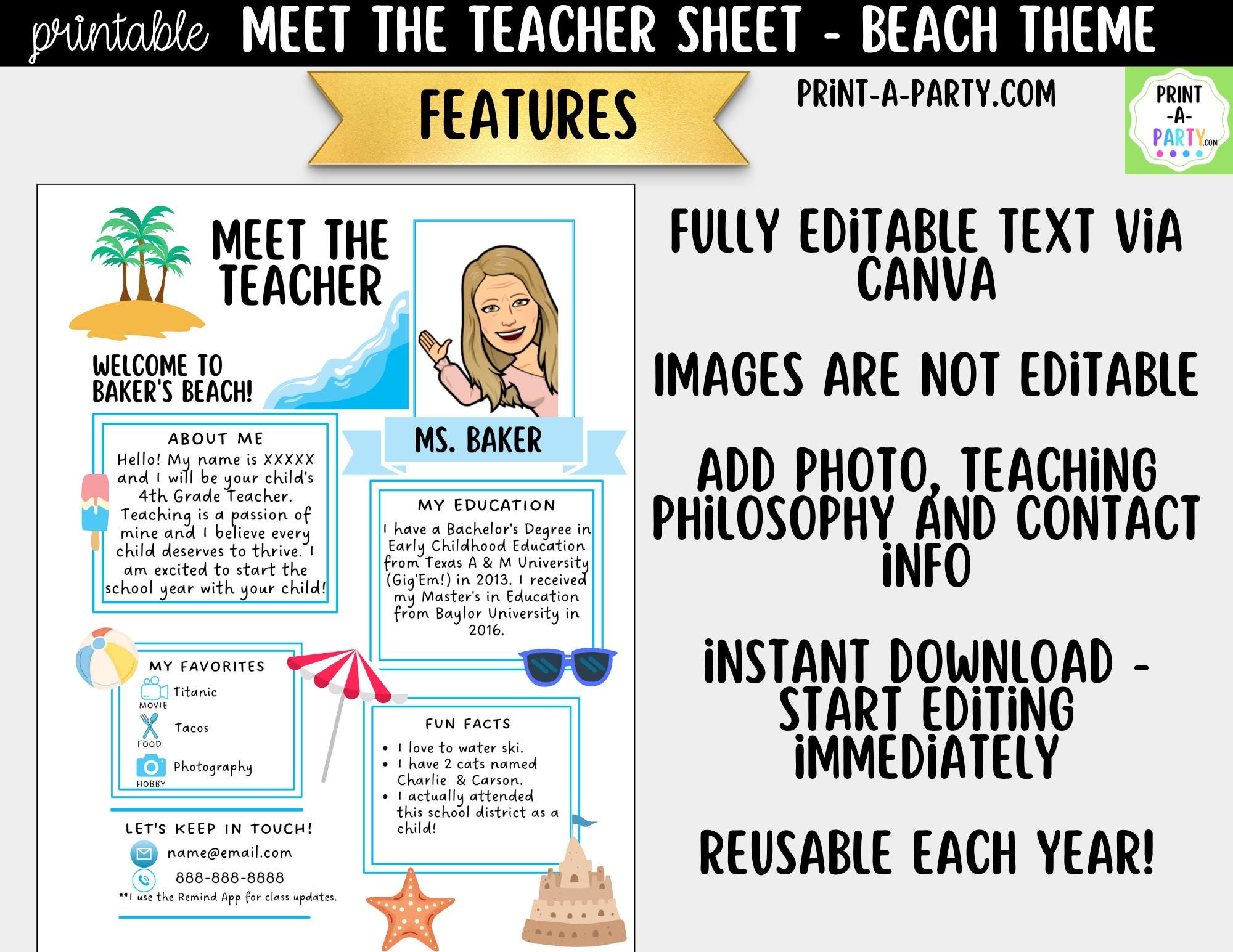 Editable Meet the Teacher Beach Theme Canva Template | Editable Back to ...