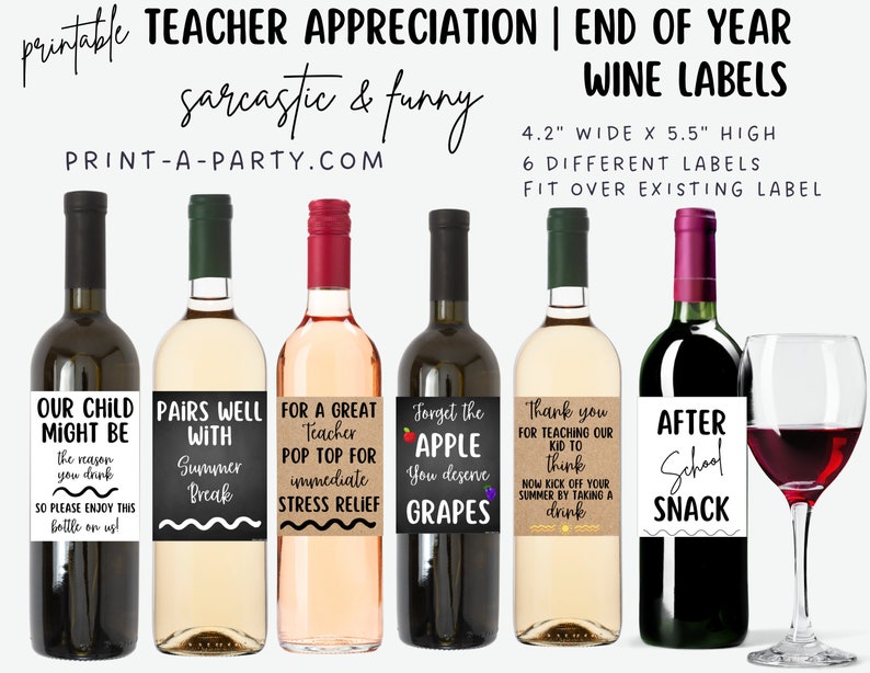 Funny & Sarcastic Teacher Wine Labels | End of Year Teacher Gift Idea ...