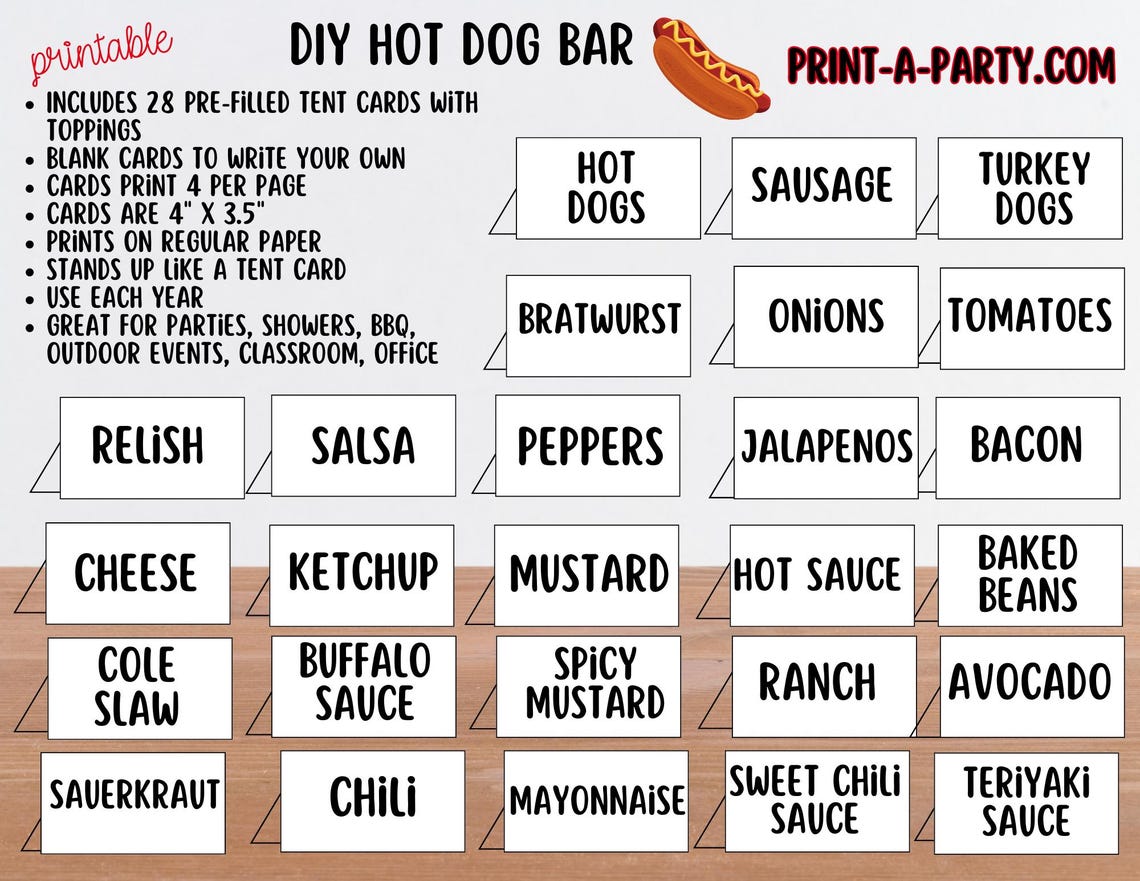 Hot Dog Bar Sign + Toppings Tent Cards Printable Party Decor Buffet ...