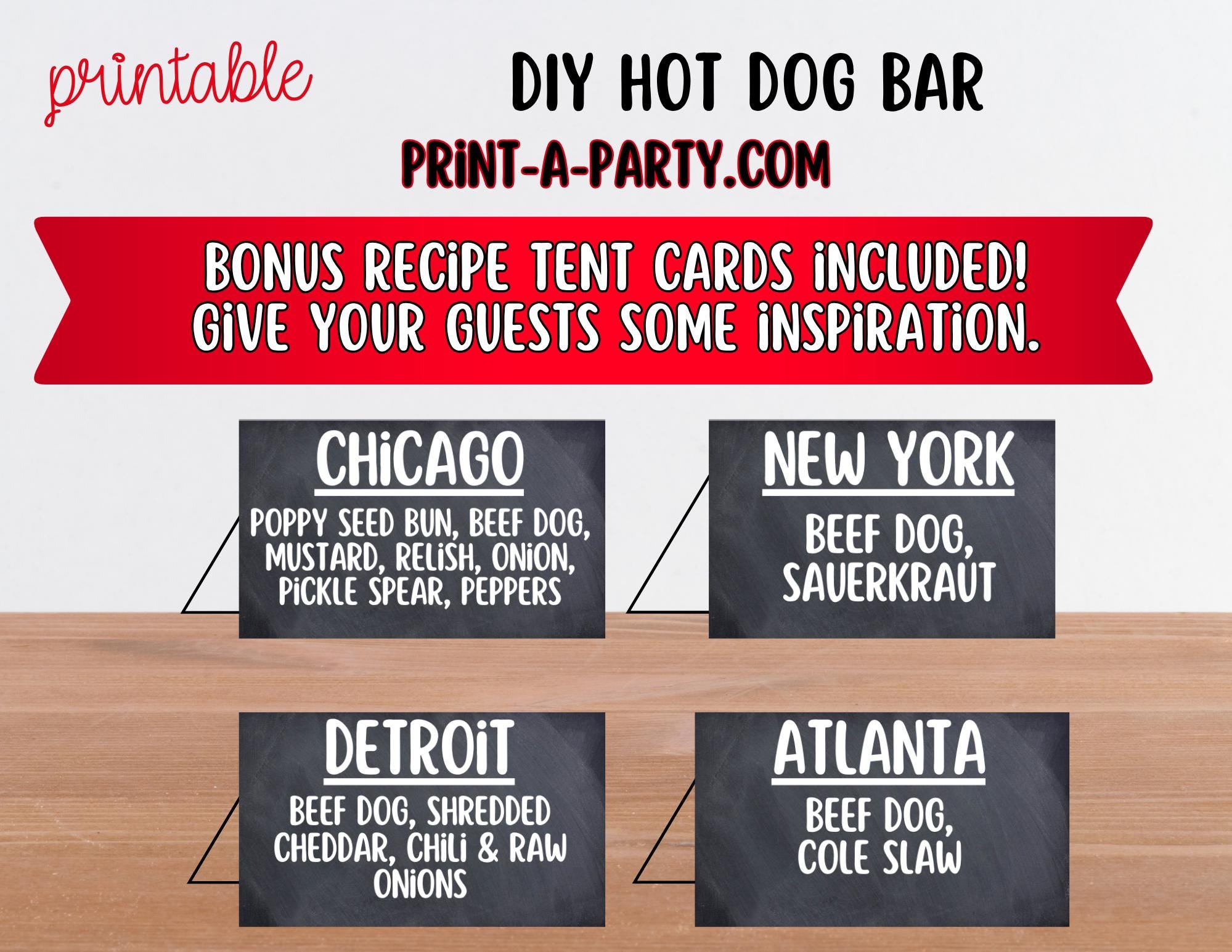 Hot Dog Bar Sign + Toppings Tent Cards Printable Party Decor Buffet ...
