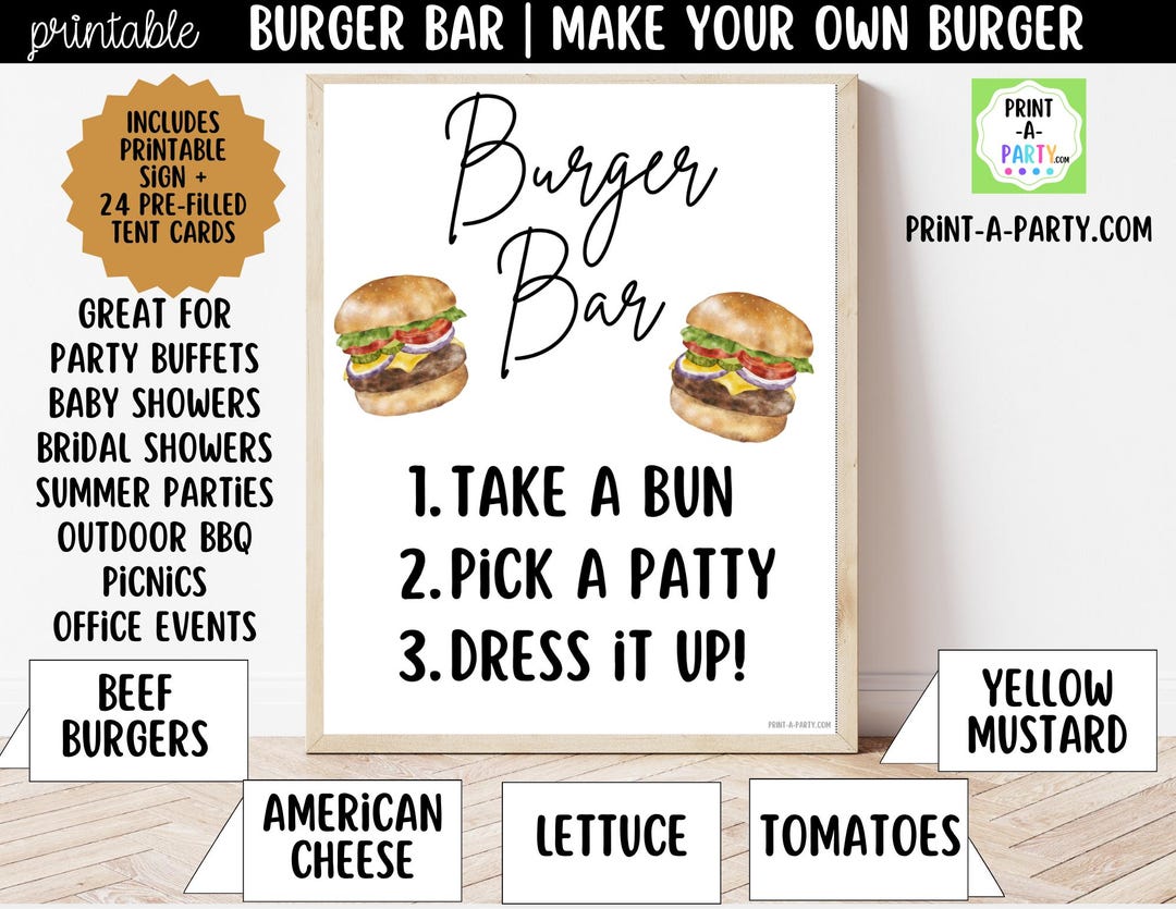 Burger Bar Sign & Toppings Tent Cards | BBQ Party Decor Printable (PDF ...
