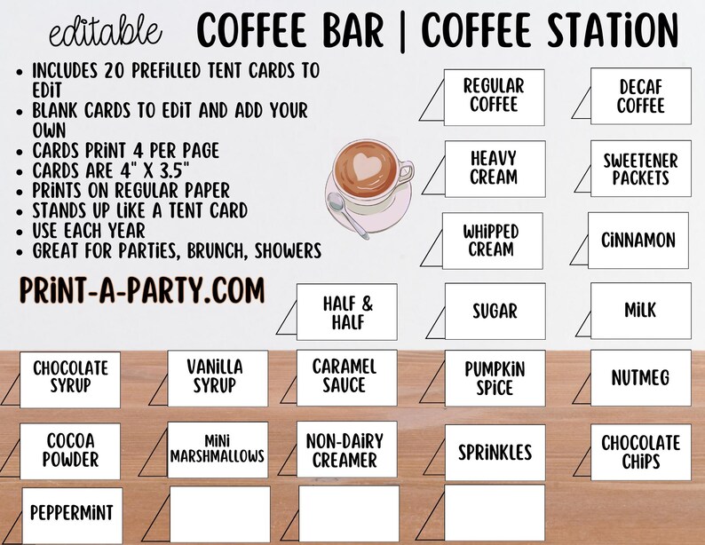 Editable Coffee Bar Sign & Toppings Tent Cards Printable Station for ...