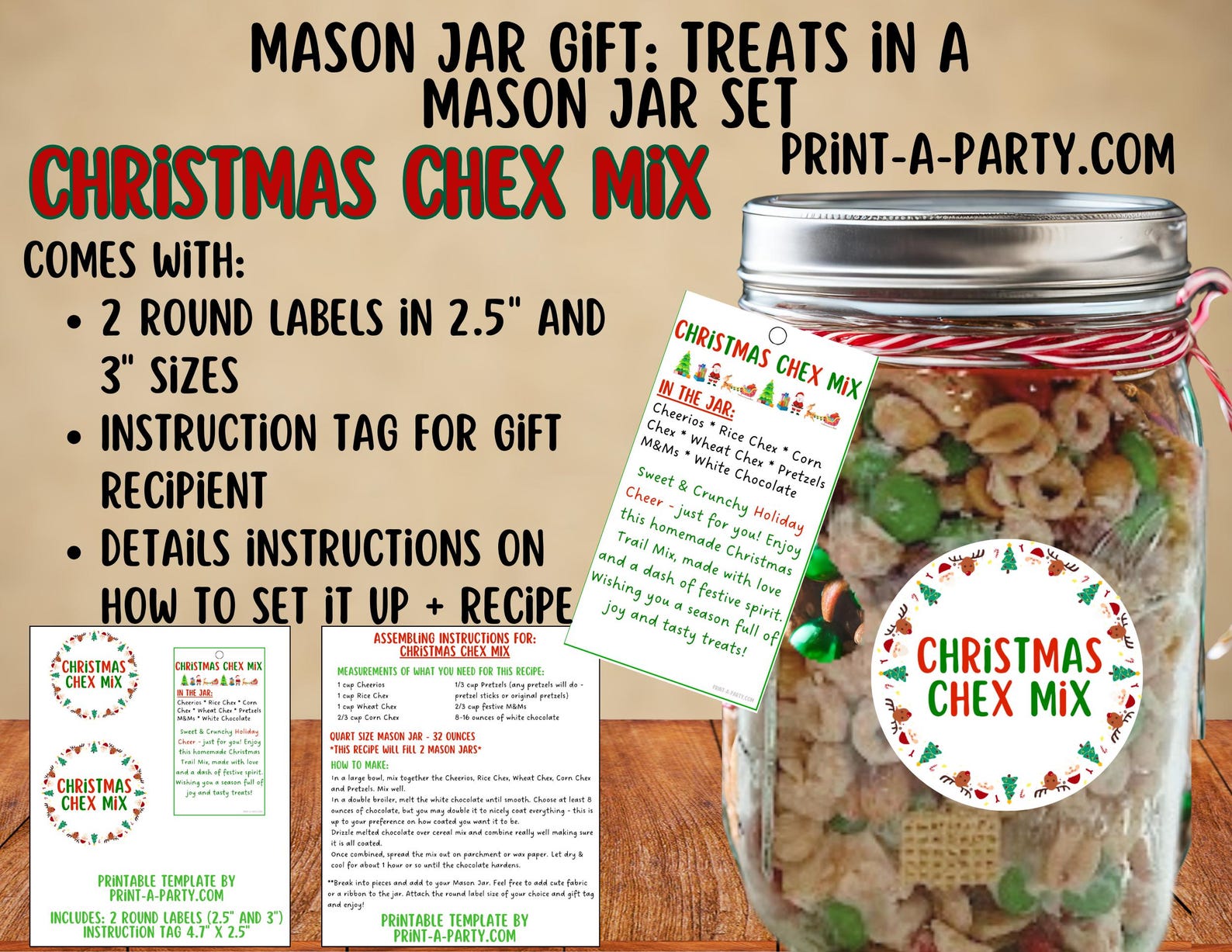 MASON JAR TREAT Gift | Christmas Chex Mix in a Mason Jar Set | Holiday ...
