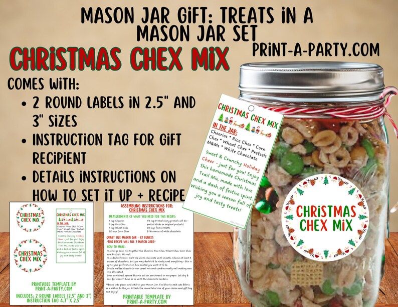 MASON JAR TREAT Gift | Christmas Chex Mix in a Mason Jar Set | Holiday ...