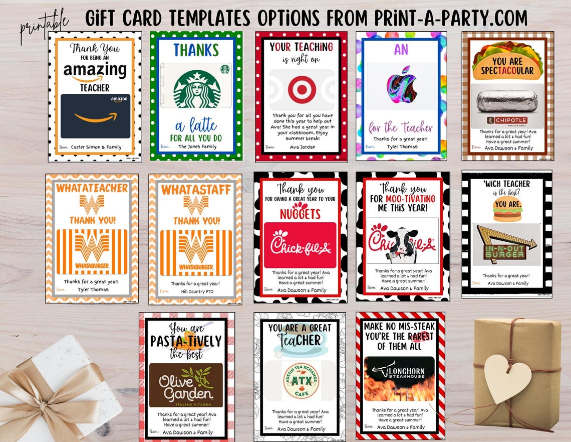 Gift Card Template | PASTA | Teacher Appreciation Gift Idea | End of ...