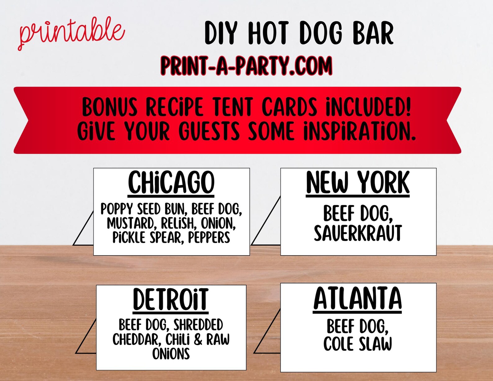 Hot Dog Bar Sign + Toppings Tent Cards Printable Party Decor Buffet ...