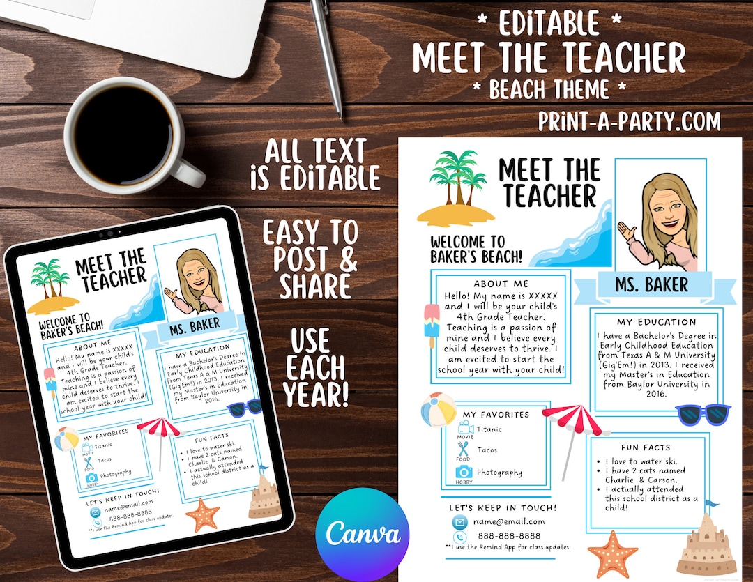 Meet the Teacher Editable Template – BEACH Theme Printable for Teacher ...