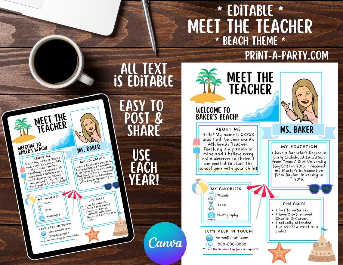 Editable Meet the Teacher Template - Beach or Ocean Themed Classrooms ...