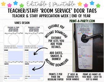 Teacher Staff Appreciation Editable Room Service Door Tags via a ...
