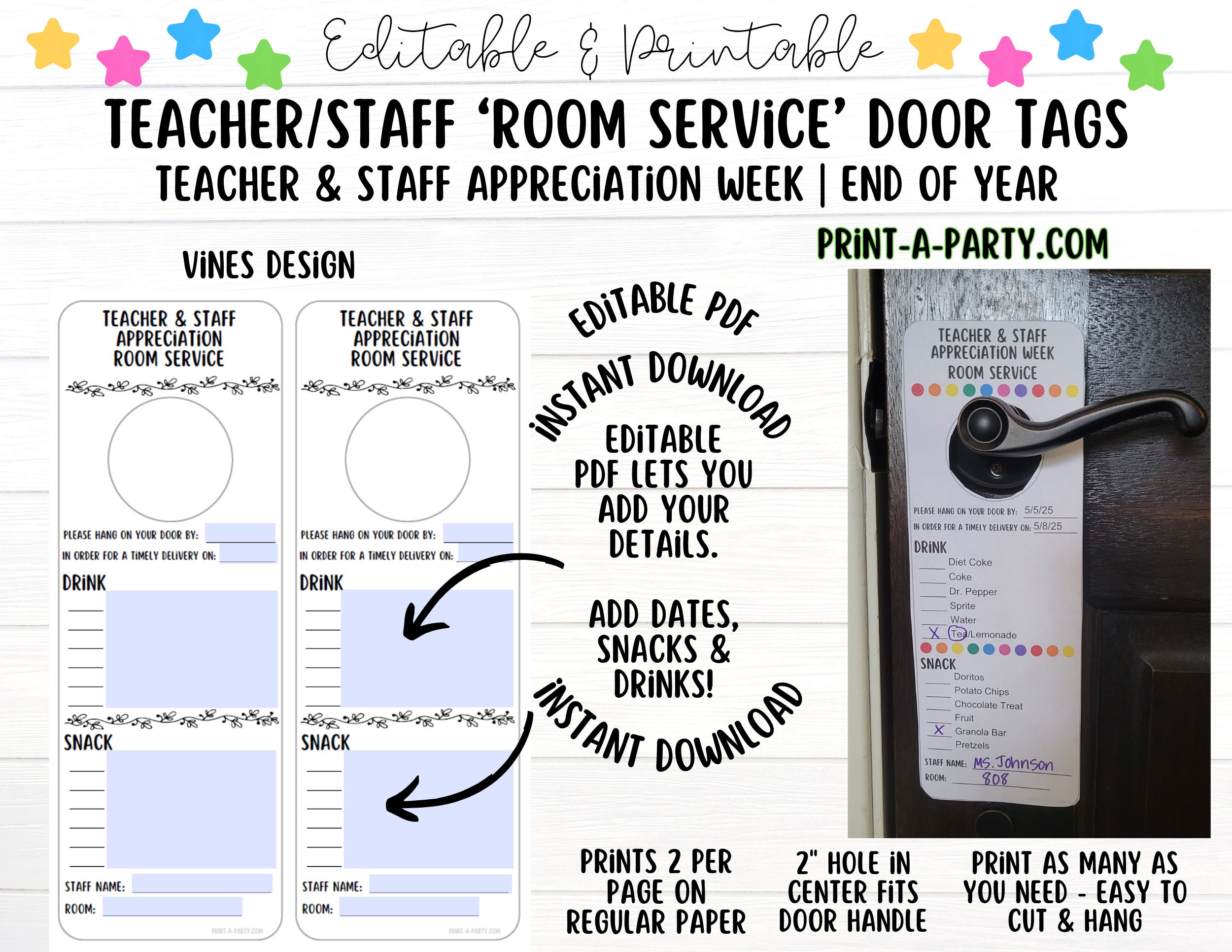 Teacher Staff Appreciation Editable Room Service Door Tags via a ...