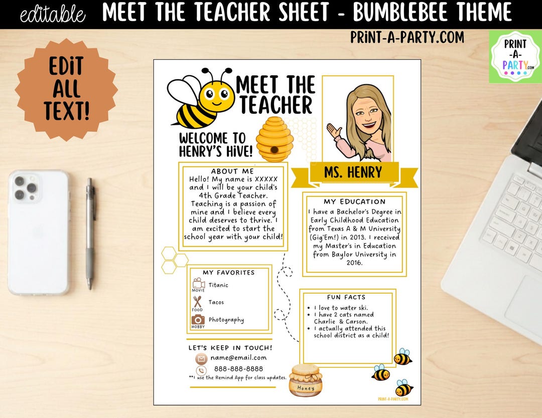 Meet the Teacher Bumblebee Theme Canva Template | Editable Back to ...