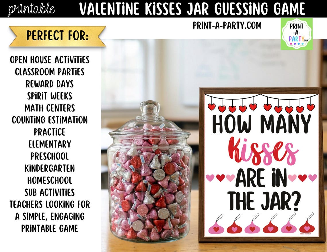 Valentine Chocolate Kisses Game Printable Sign (8x10) + Guessing Cards ...