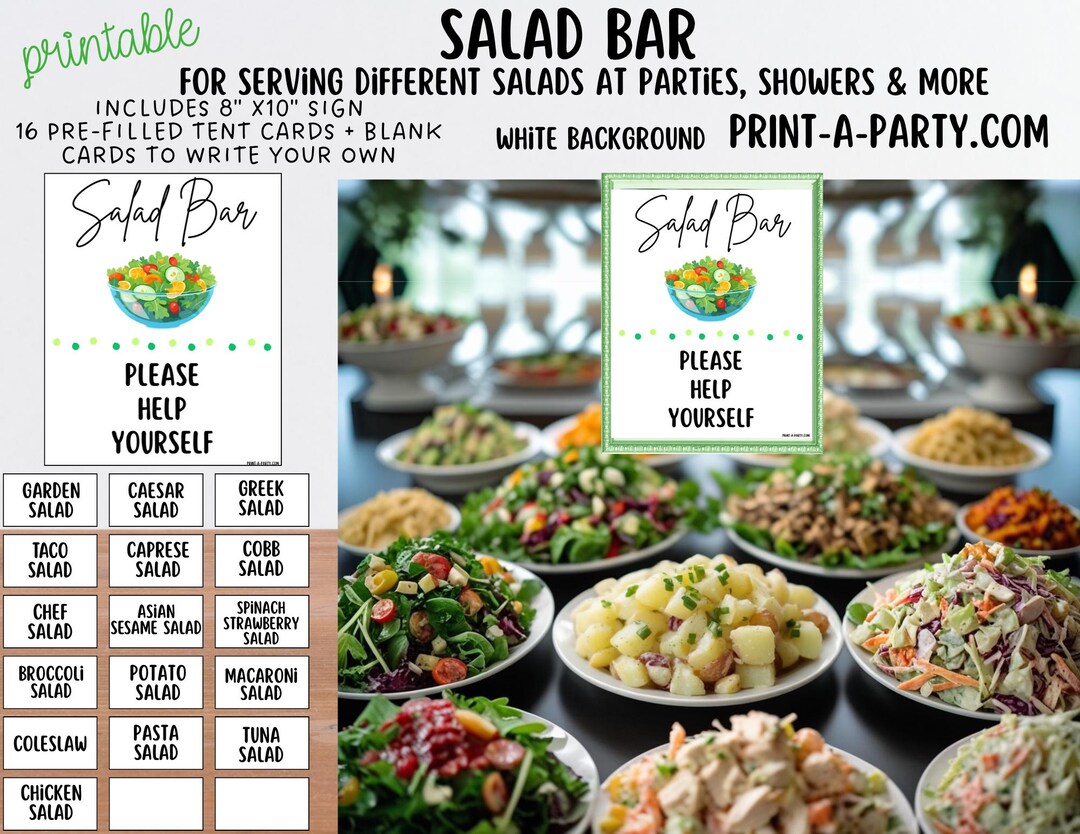 Salad Bar Printable Sign and Toppings Labels: White Party Buffet ...
