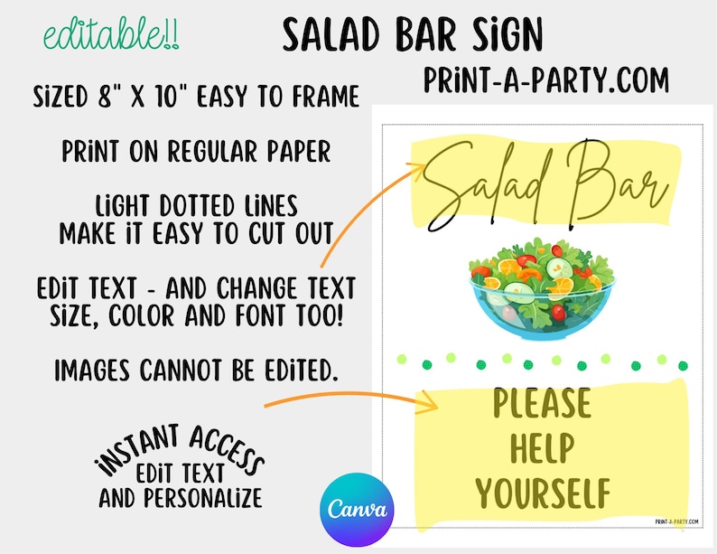 Editable Salad Bar Sign & Food Labels: Party Buffet Printable (DIY ...