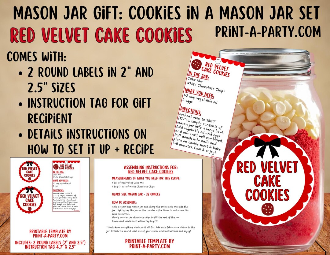 Red Velvet Cake Cookies in a Printable Mason Jar Gift - Labels & Tag ...