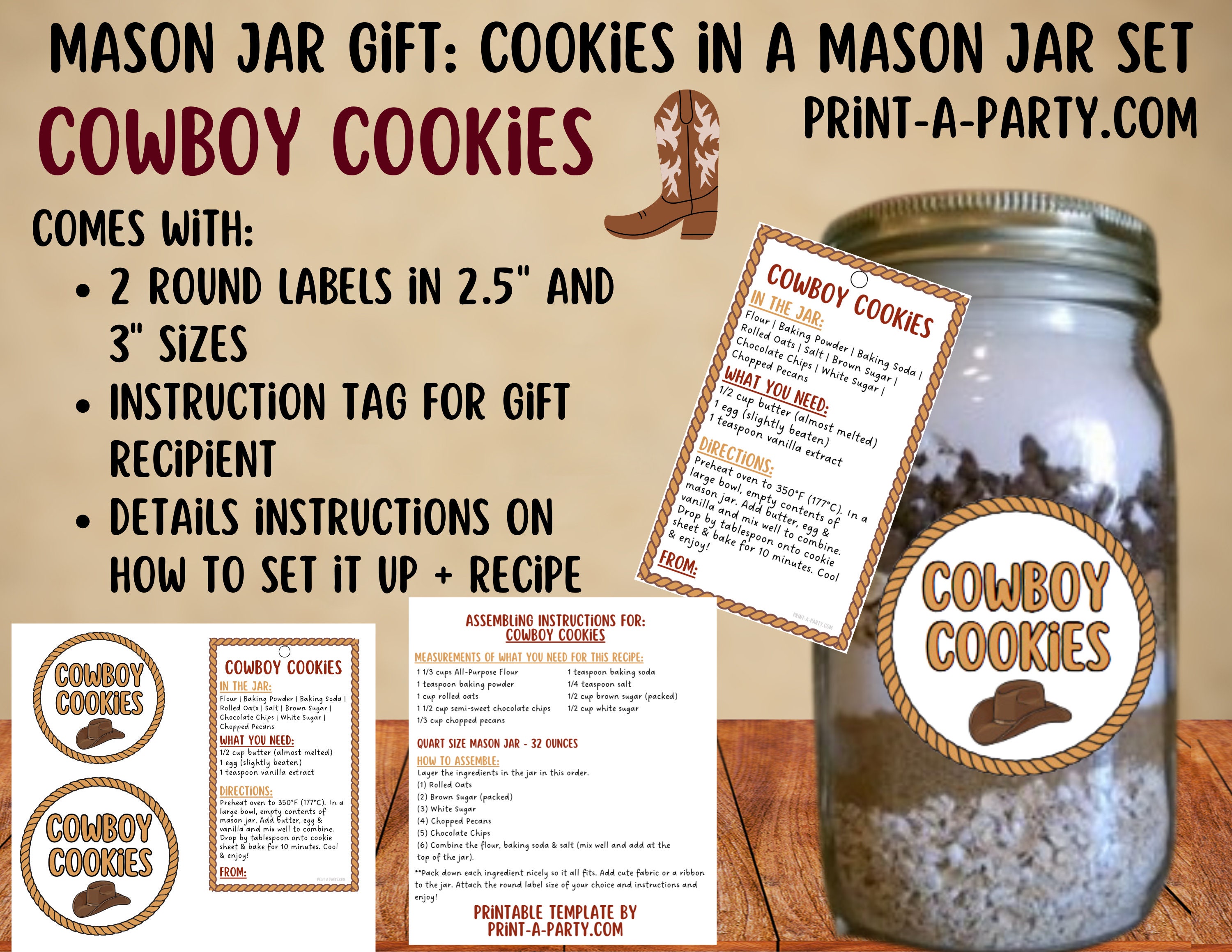 MASON JAR COOKIE Gift | Cowboy Cookies in a Mason Jar Set | Cookie Gift ...