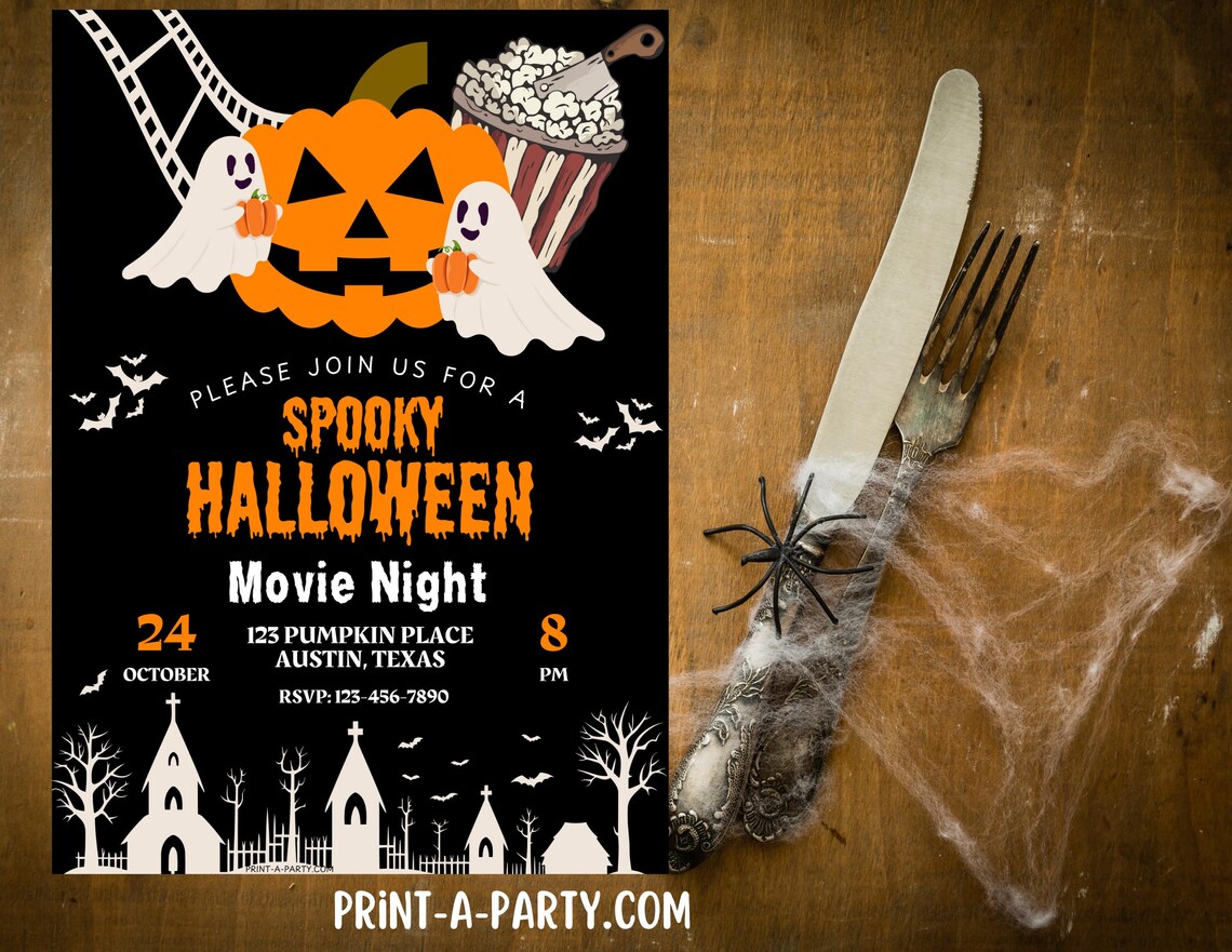 Editable Horror Movie Night Invitation: Spooky Halloween Party Template ...