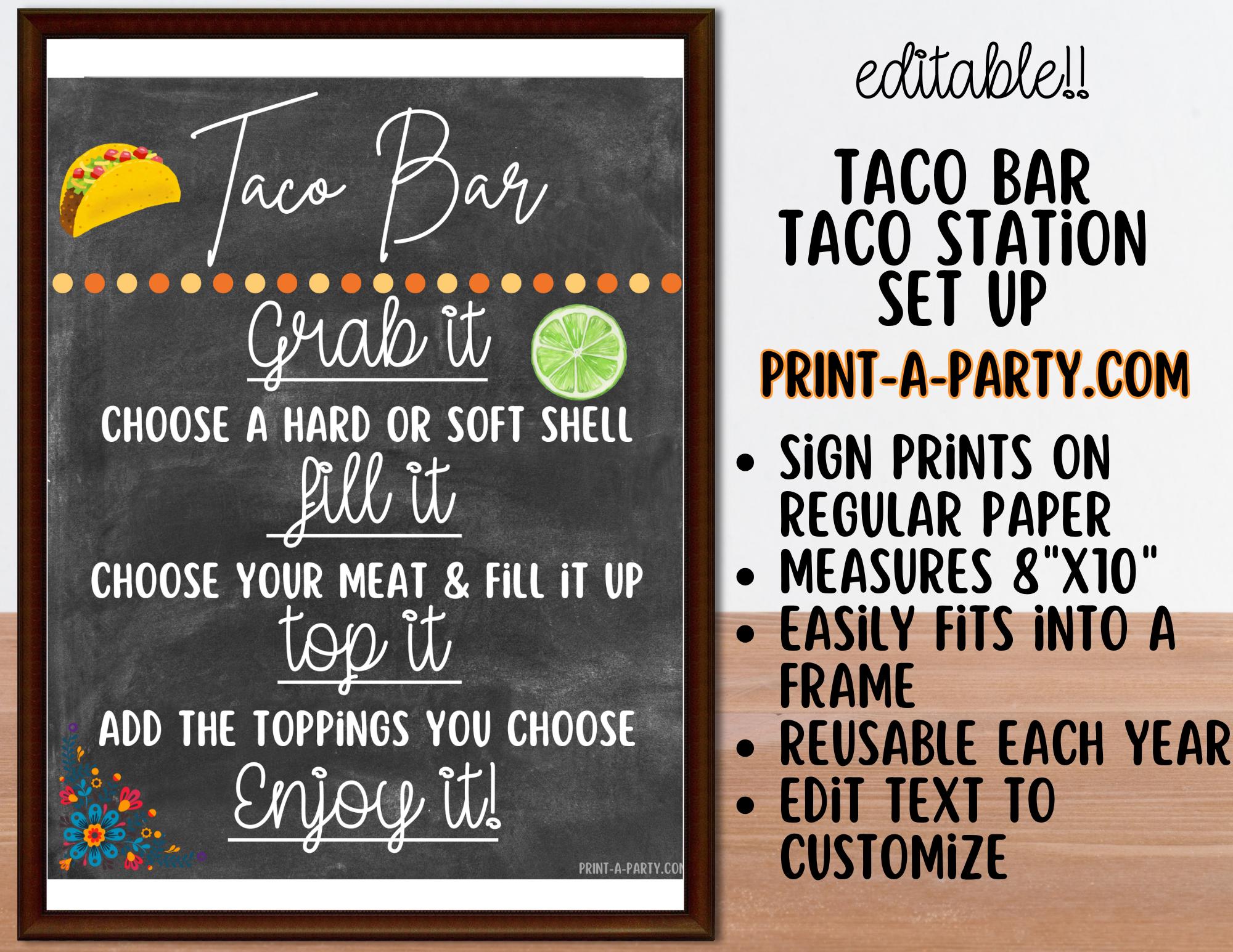 Editable TACO BAR - Chalkboard Sign and Toppings Label Templates for ...