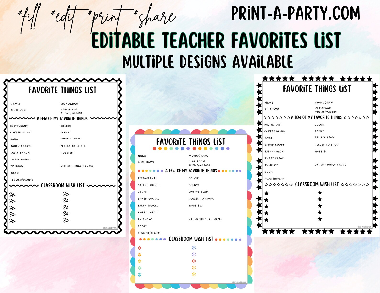 Teacher Favorite Things List – Fillable PDF Printable - Etsy