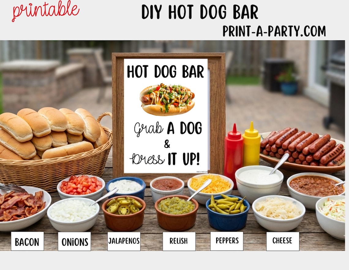 Hot Dog Bar Sign + Toppings Tent Cards Printable Party Decor Buffet ...
