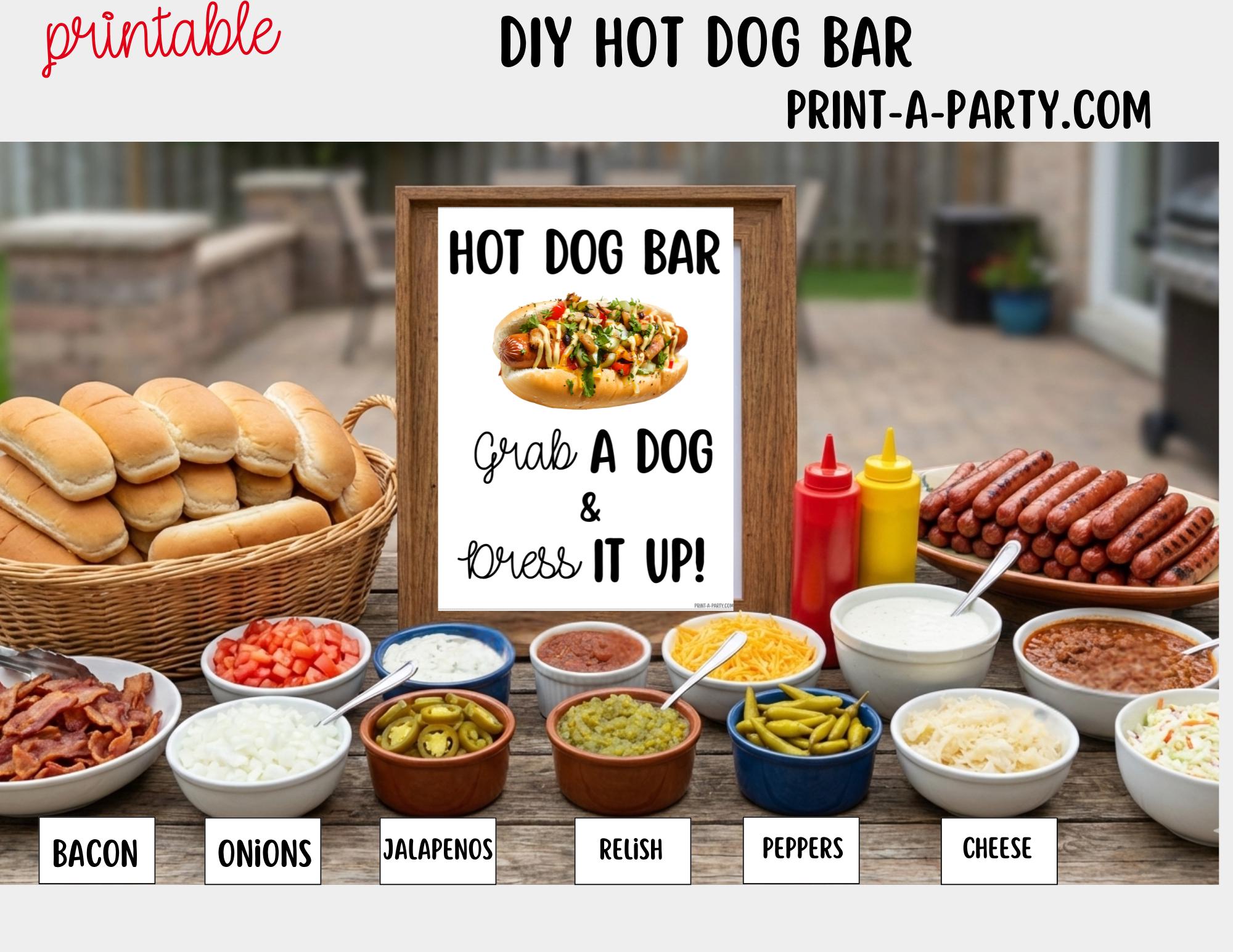 Hot Dog Bar Sign + Toppings Tent Cards Printable Party Decor Buffet ...