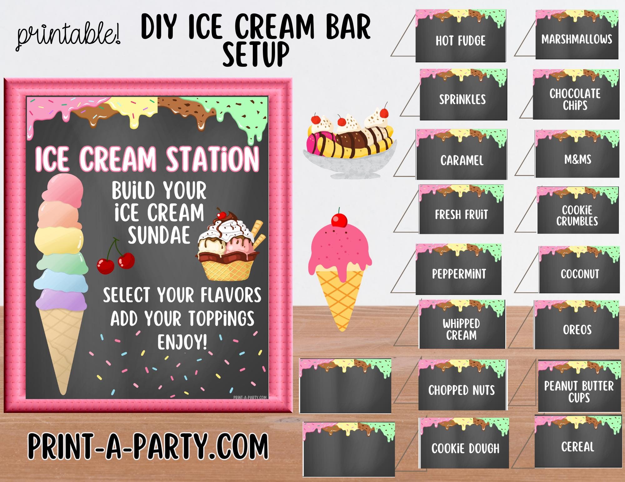 Ice Cream Sundae Bar Sign + Toppings Tent Cards Printable Party Decor ...