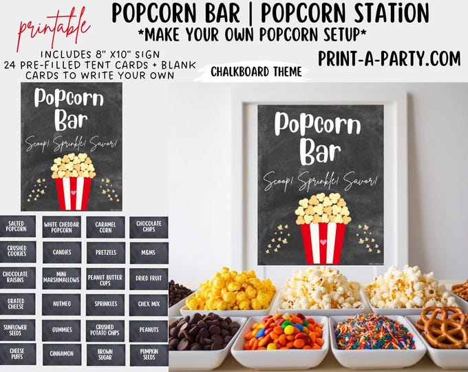 Editable Popcorn Bar Sign and Toppings Labels: Party Food Station ...