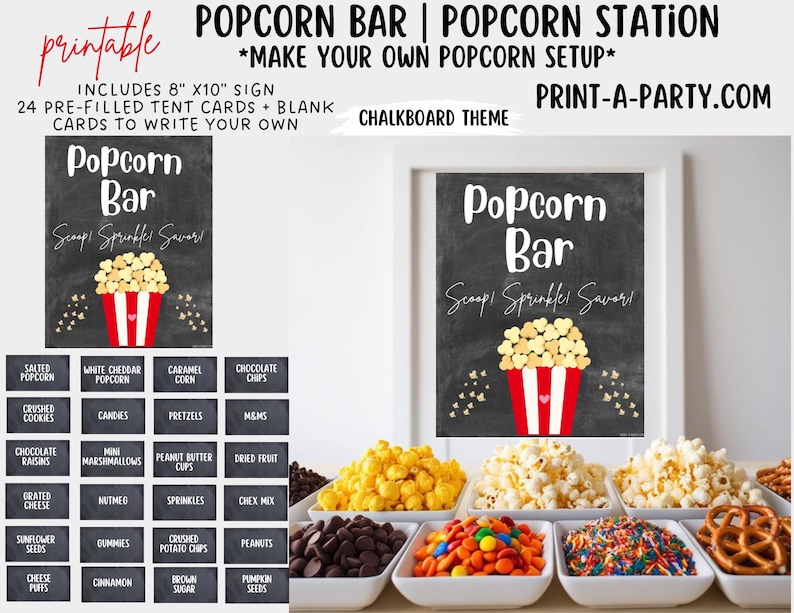 POPCORN BAR Sign & Toppings Labels Printable - Chalkboard - Perfect for ...