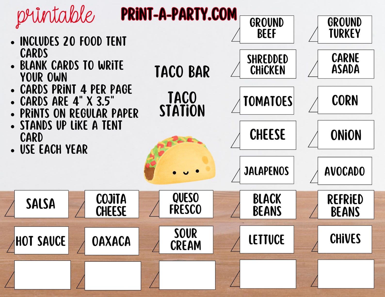 Printable Taco Bar Sign (8x10) & Tent Cards | Fiesta Party Decor ...