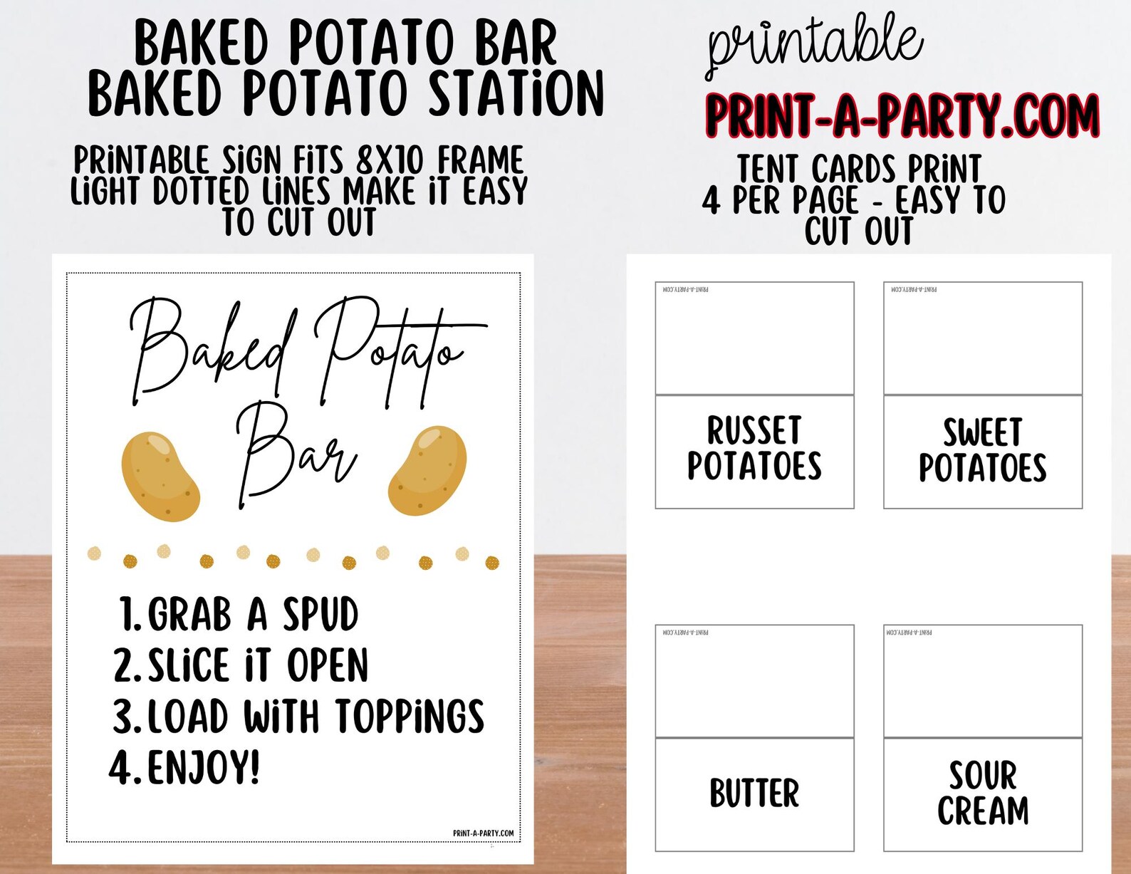Baked Potato Bar Sign (8x10) + Toppings Tent Cards Printable Party ...