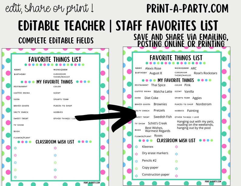 Editable Teacher Staff Favorite Things List – Canva Template - Fully ...