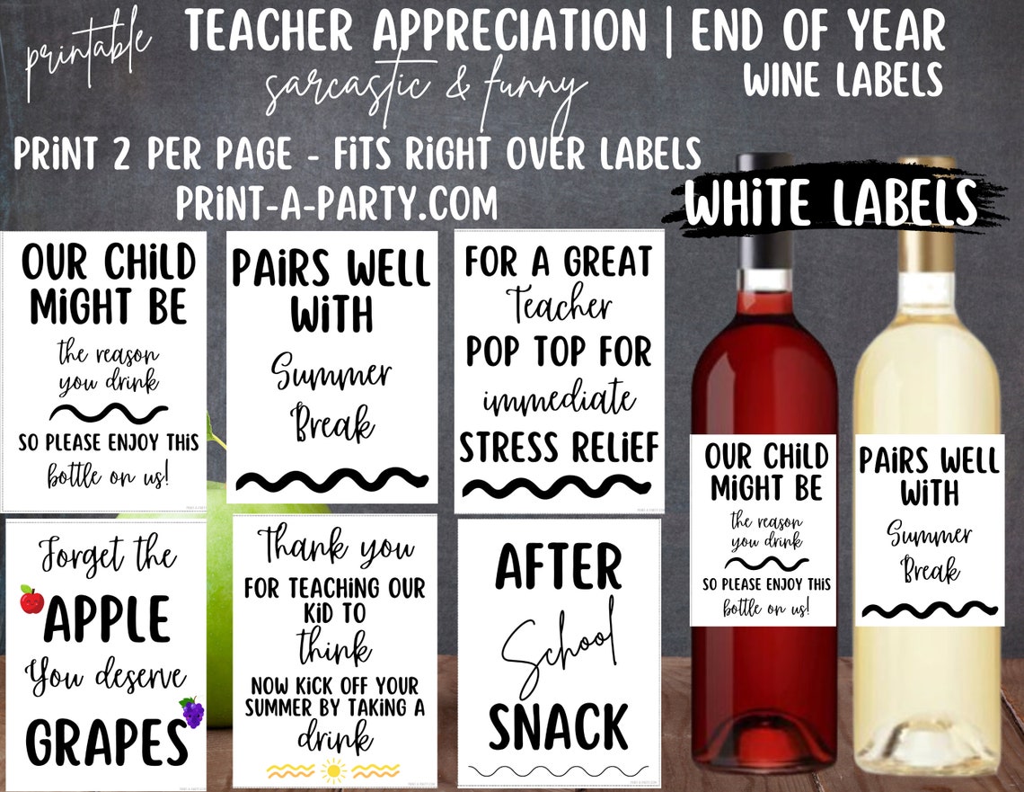 Funny & Sarcastic Teacher Wine Labels End of Year Teacher Gift Idea ...