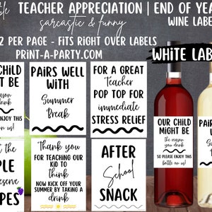 Funny & Sarcastic Teacher Wine Labels | End of Year Teacher Gift Idea ...