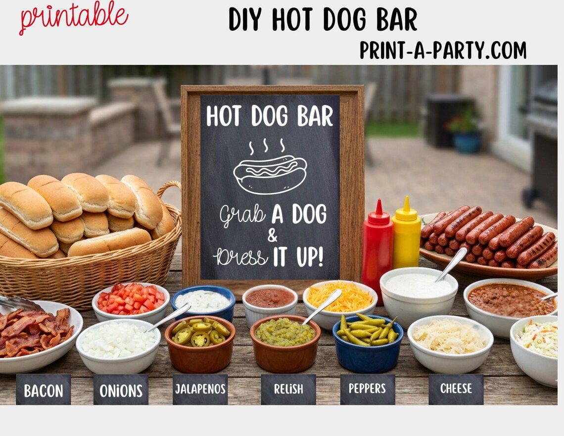 Hot Dog Bar Sign + Toppings Tent Cards Printable Party Decor Buffet ...