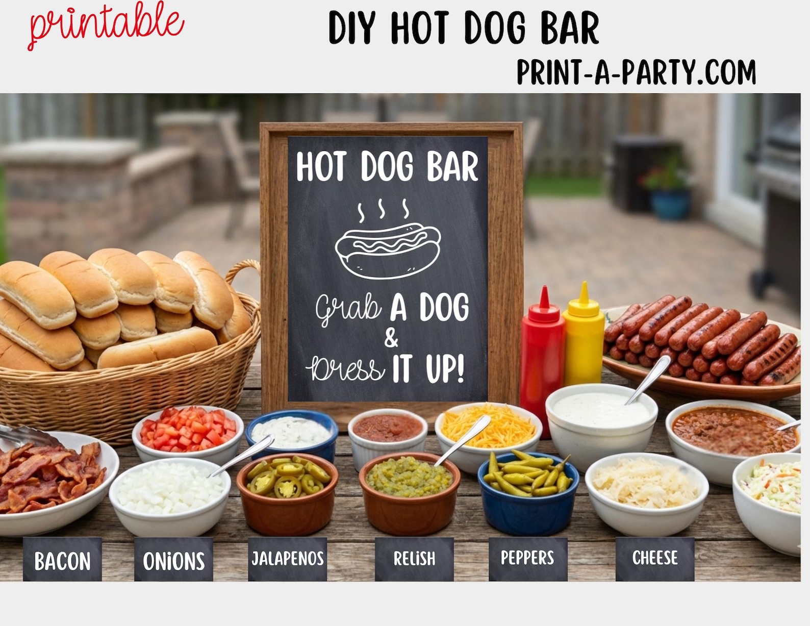 Hot Dog Bar Sign + Toppings Tent Cards Printable Party Decor Buffet ...