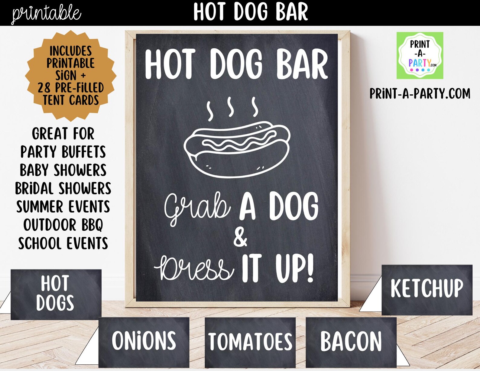 Hot Dog Bar Sign + Toppings Tent Cards Printable Party Decor Buffet ...