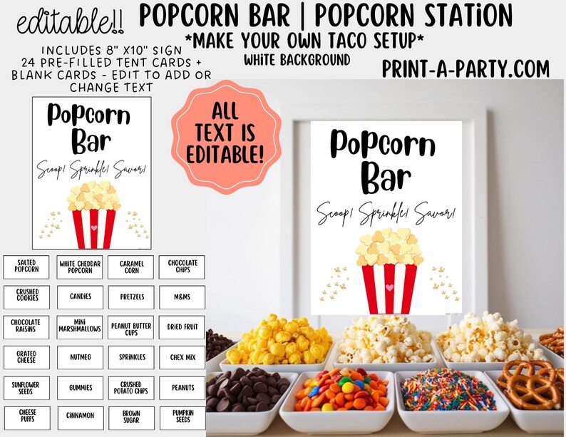 Editable Popcorn Bar Sign and Toppings Labels: Party Food Station ...
