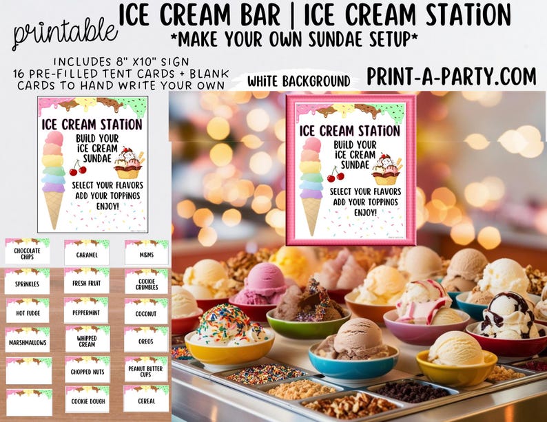 Ice Cream Bar Printable – Dessert Station Sign & Topping Tent Cards for ...