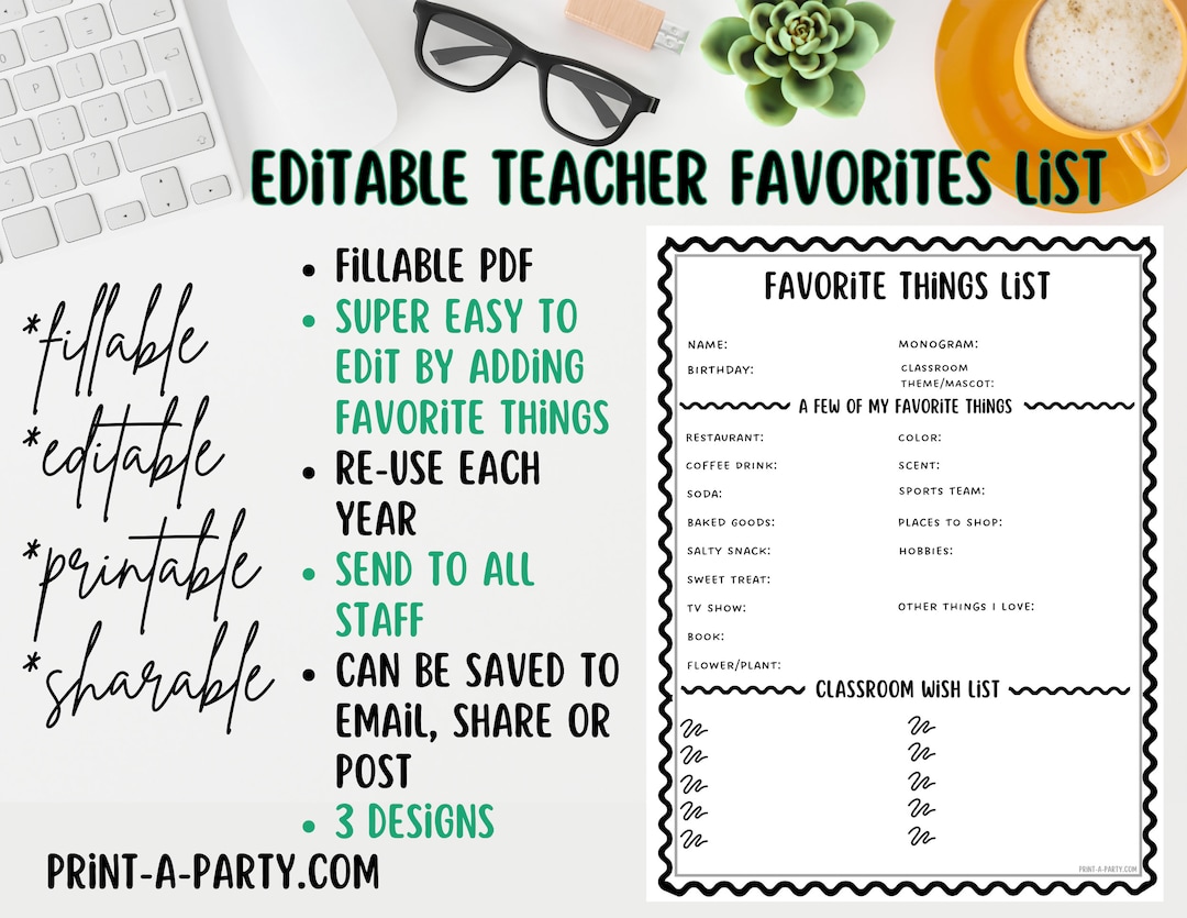 Teacher Favorite Things List – Fillable PDF Printable - Etsy