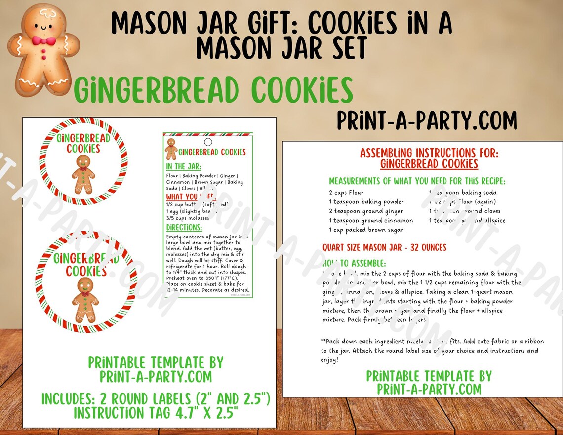 MASON JAR COOKIE Gift: Gingerbread Cookies in a Mason Jar Printable Kit ...