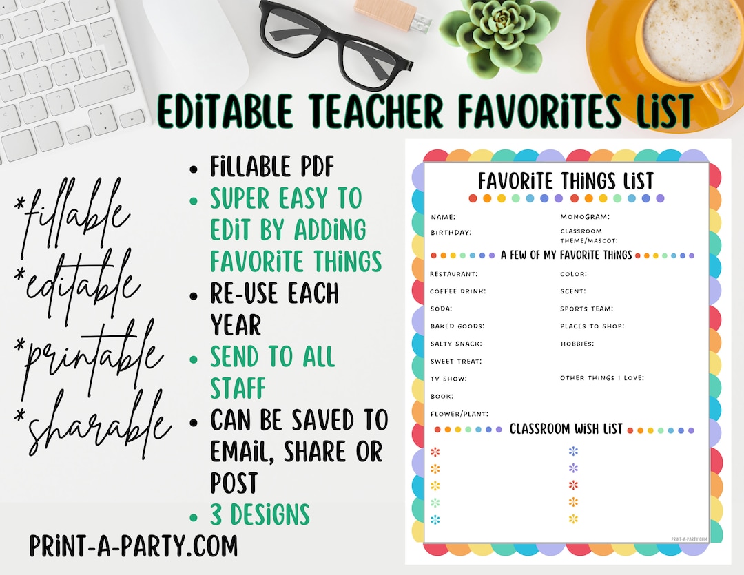 Teacher Favorite Things List - Edit via a Fillable PDF - Printable ...