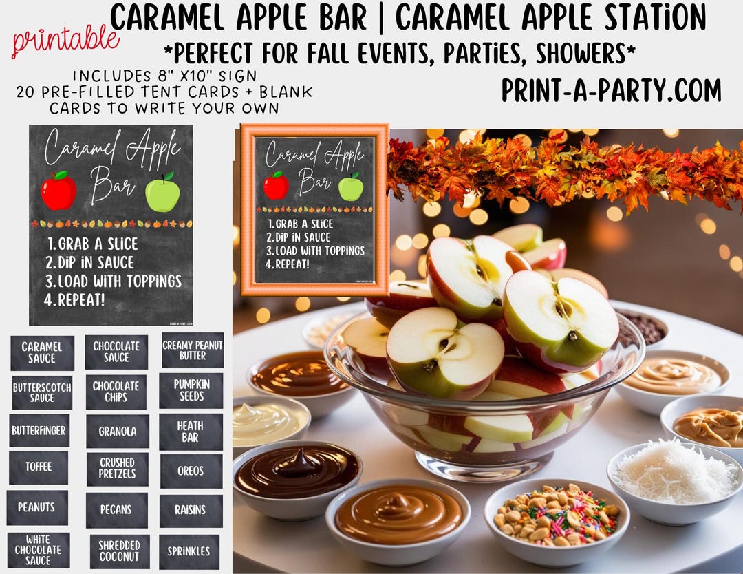 Caramel Apple Bar Sign & Topping Tent Cards – Fall Party Buffet, Decor ...