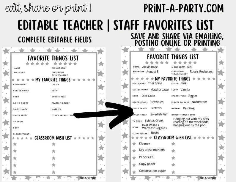 Editable Teacher Staff Favorite Things List – Canva Template - Fully ...