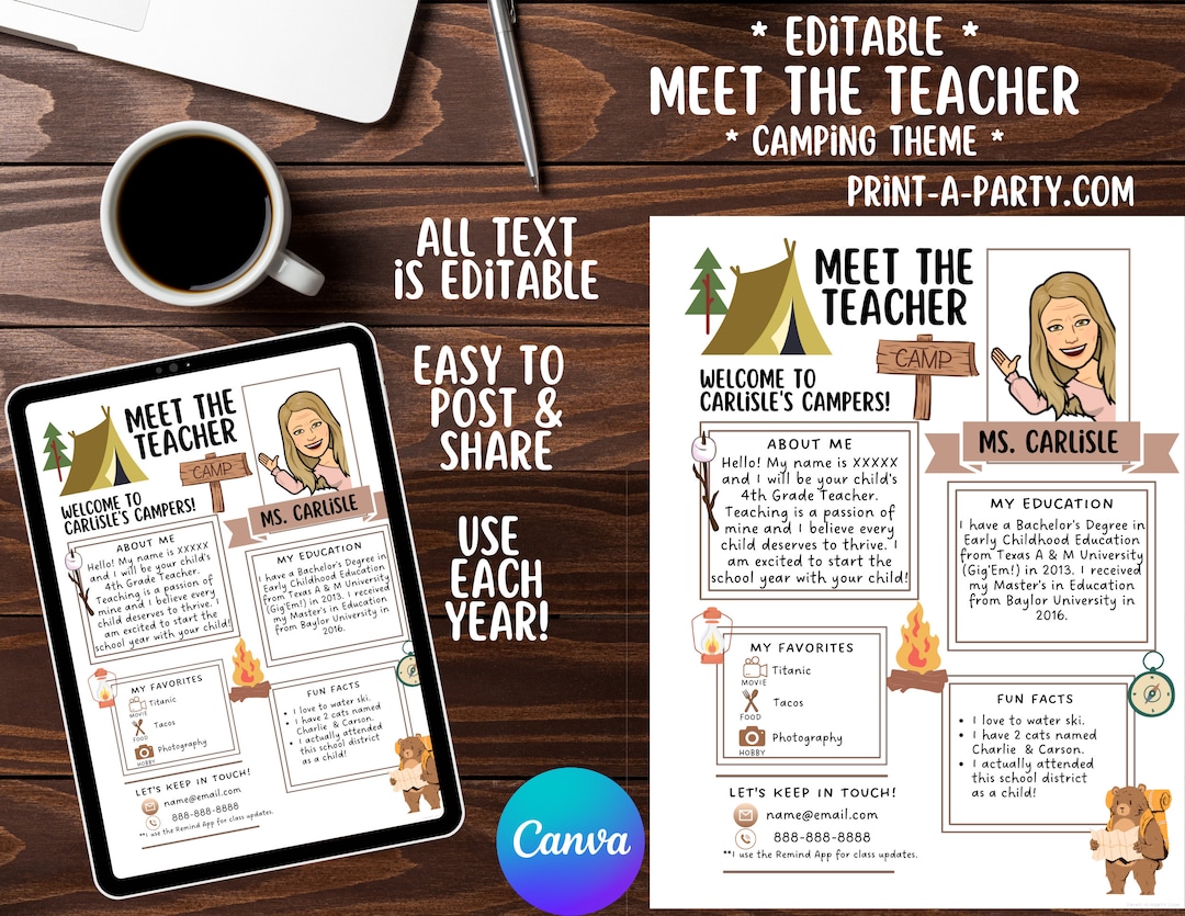 BACK to SCHOOL: Editable Meet the Teacher Template - Camping Theme ...